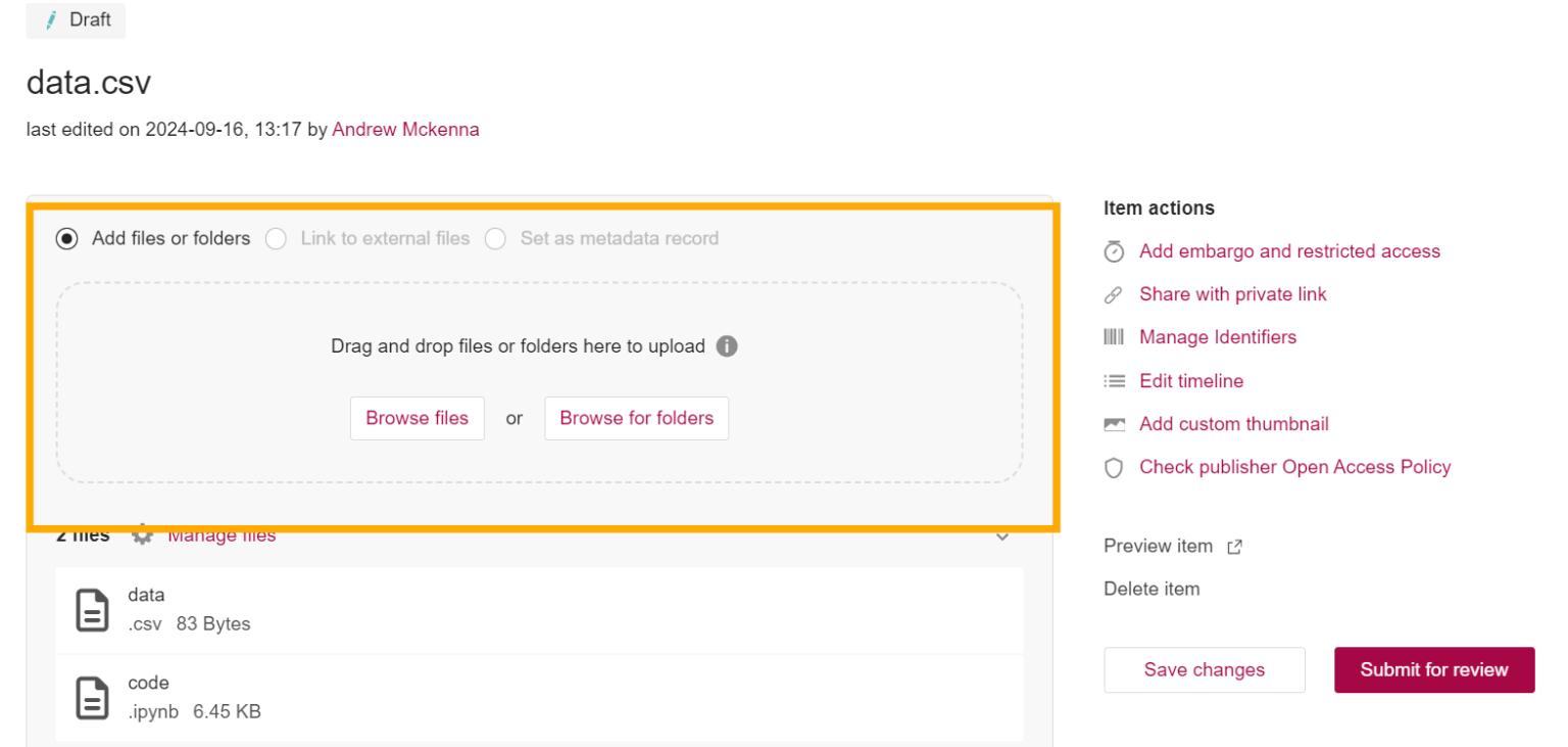File upload options - Figshare